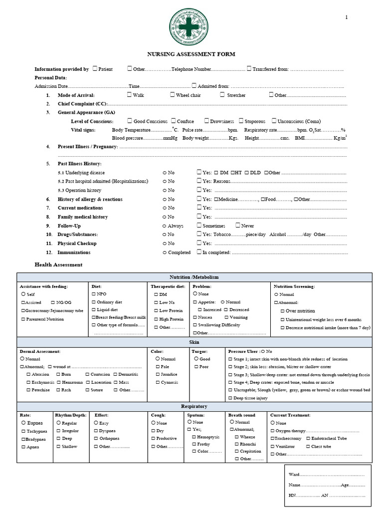 Nursing Assessment Template 33 | PDF | Urinary Incontinence | Clinical ...