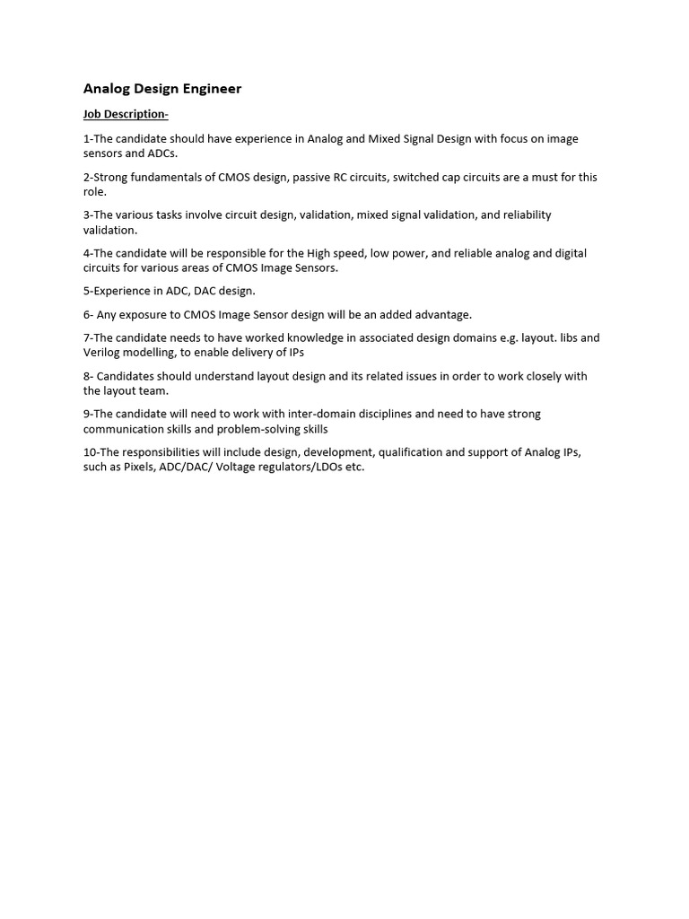 Job Description Analog Design Engineer | PDF