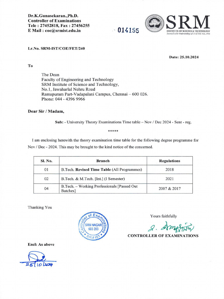 SRM B.Tech Exam Schedule Nov-Dec 2024 | PDF | Electrical Engineering ...