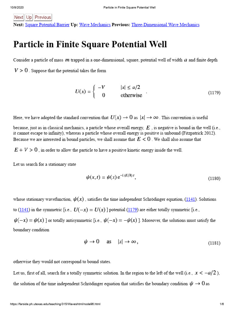 Particle in Finite Square Potential Well | PDF | Schrödinger Equation ...