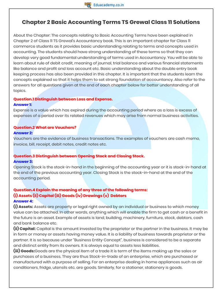 Chapter 2 Basic Accounting Terms TS Grewal Class 11 Solutions | PDF | Debits And Credits | Revenue