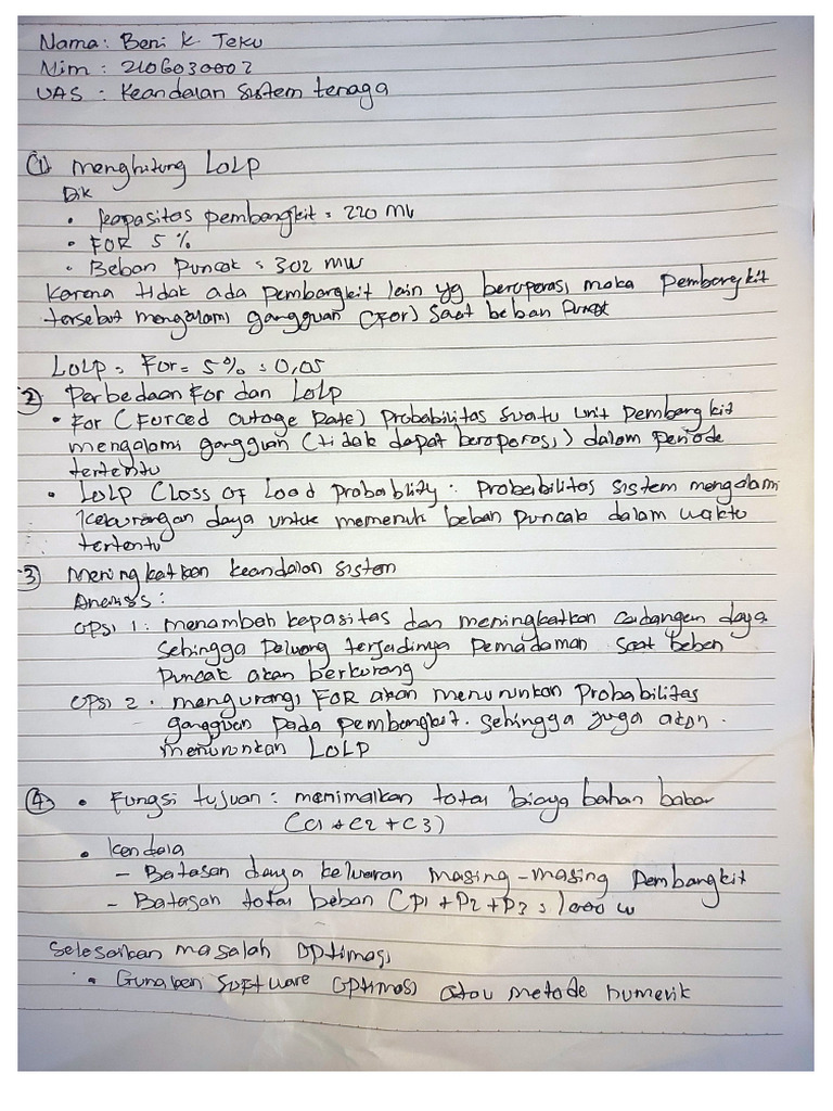 Keandalan Sistem Tenaga - Beni Teku - 2106030002 | PDF