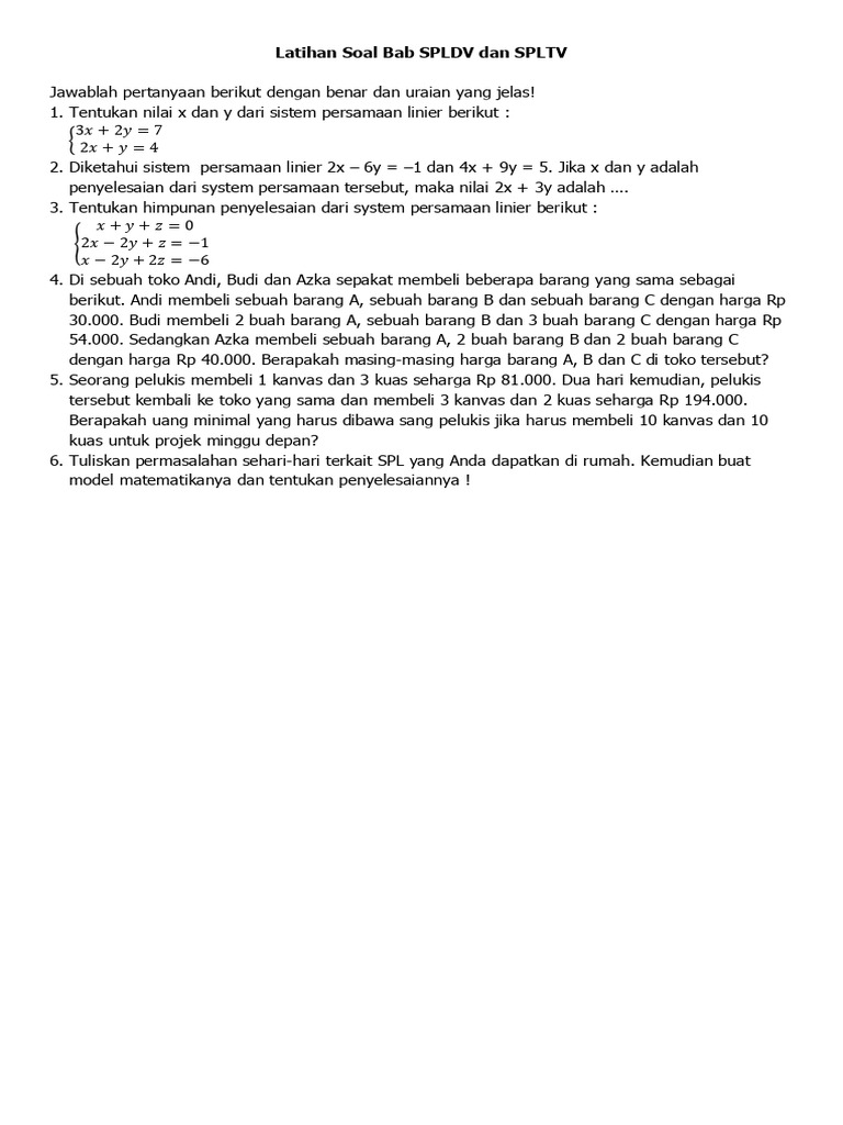 Latihan Soal SPL Kelas X | PDF