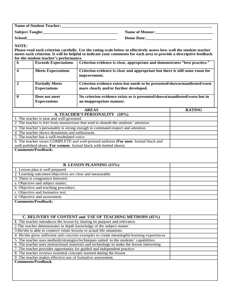 Pre Demonstration Teaching Instrument to Be Used by Teachers Serving as Observer | PDF ...