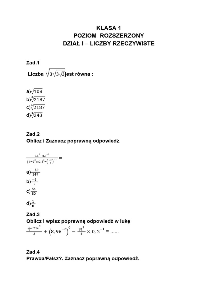 Karty Pracy NR 1 Liczby Rzeczywiste (Klasa 1 Rozszerzenie) | PDF