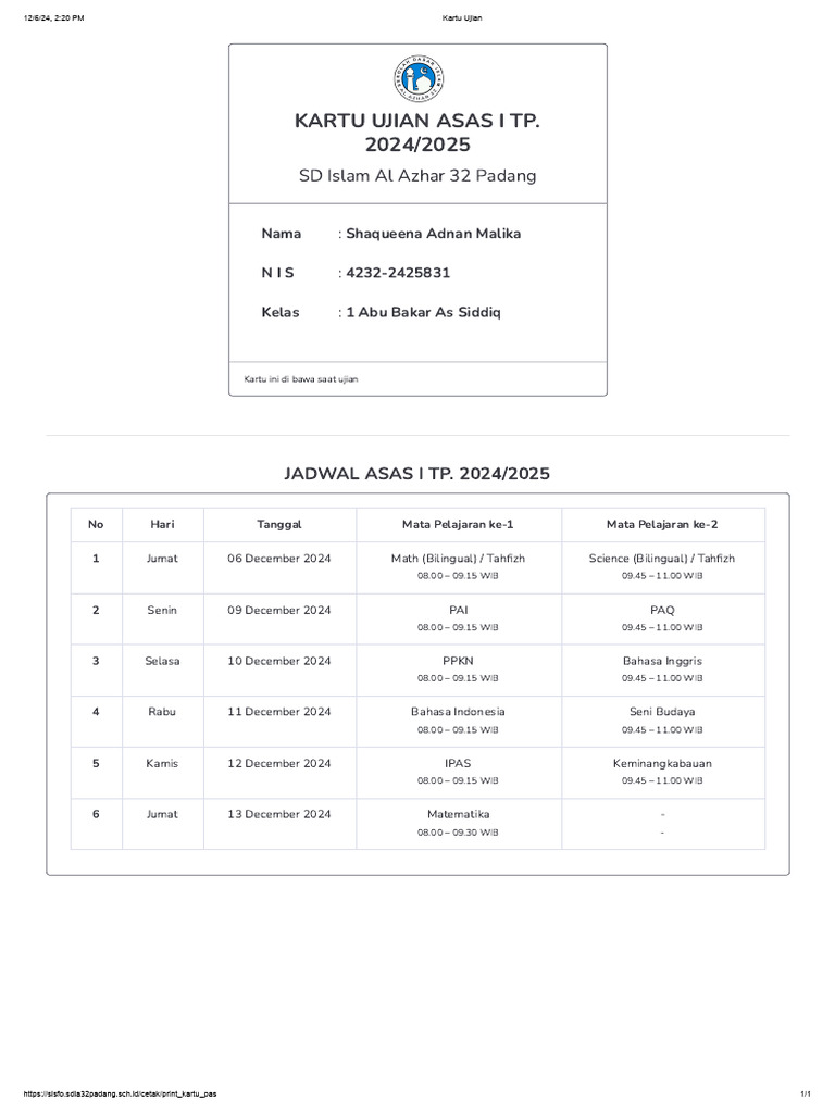 Kartu Ujian ASAS 1 | PDF
