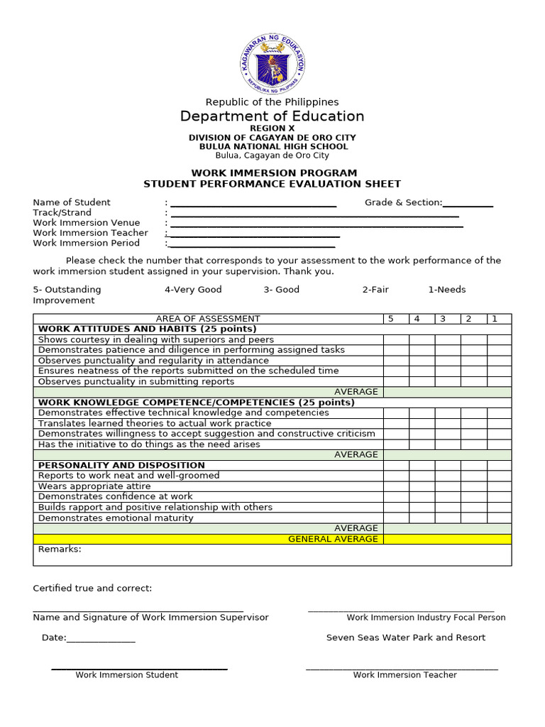 Wi Student Performace Evaluation Sheet | PDF | Cognitive Science ...