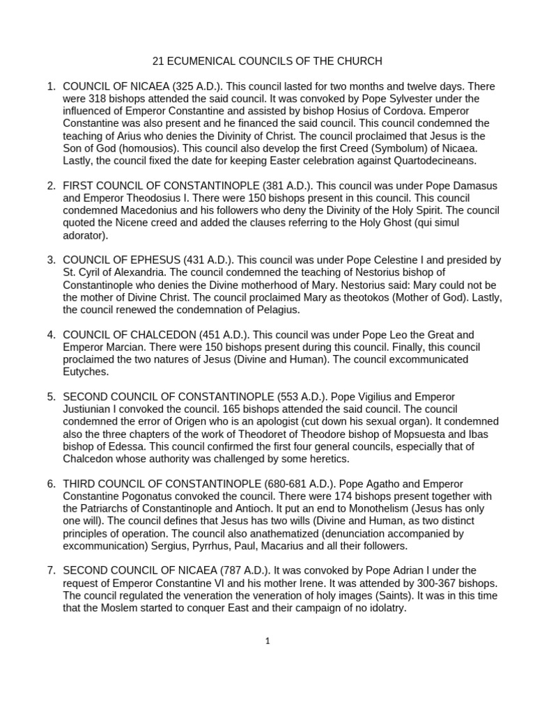 Overview of 21 Ecumenical Councils | PDF | Catholic Church | Christian ...