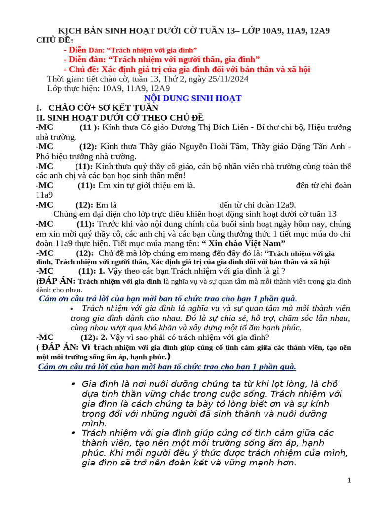 Kịch bản SHDC lớp 12A9 - 11A9 -10A9 | PDF