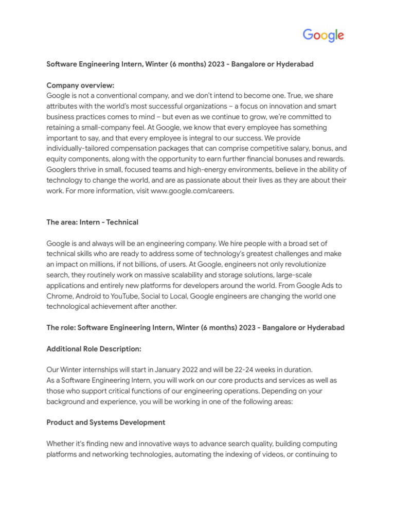 Google - Software Winter Intern 2023 JD | PDF | Computer Programming | Computing