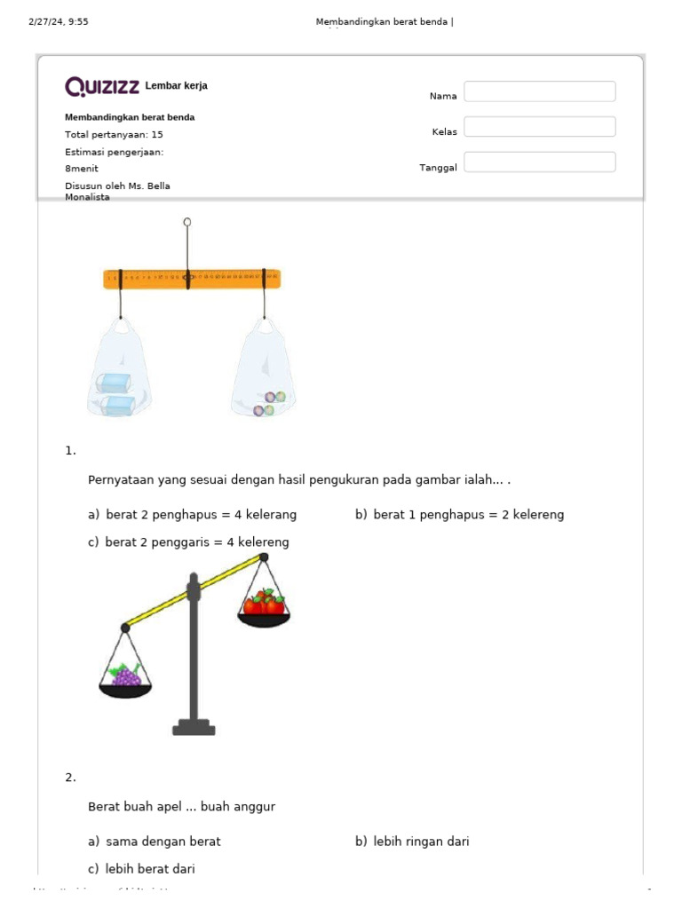 Quizizz - Membandingkan berat benda | PDF