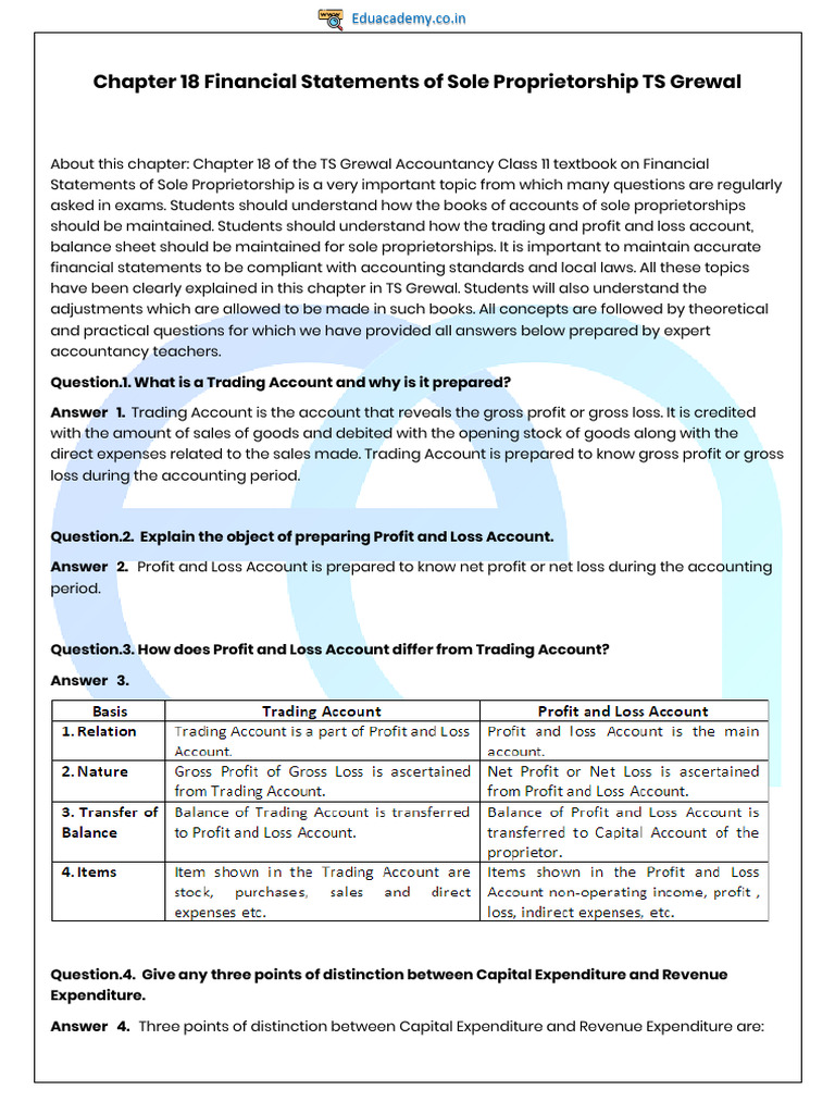Chapter 18 Financial Statements of Sole Proprietorship TS Grewal | PDF ...