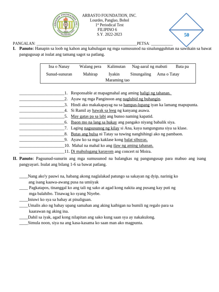 FILIPINO 6 1st Periodical Test | PDF