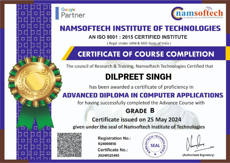 DILPREET SINGH Certificate | PDF