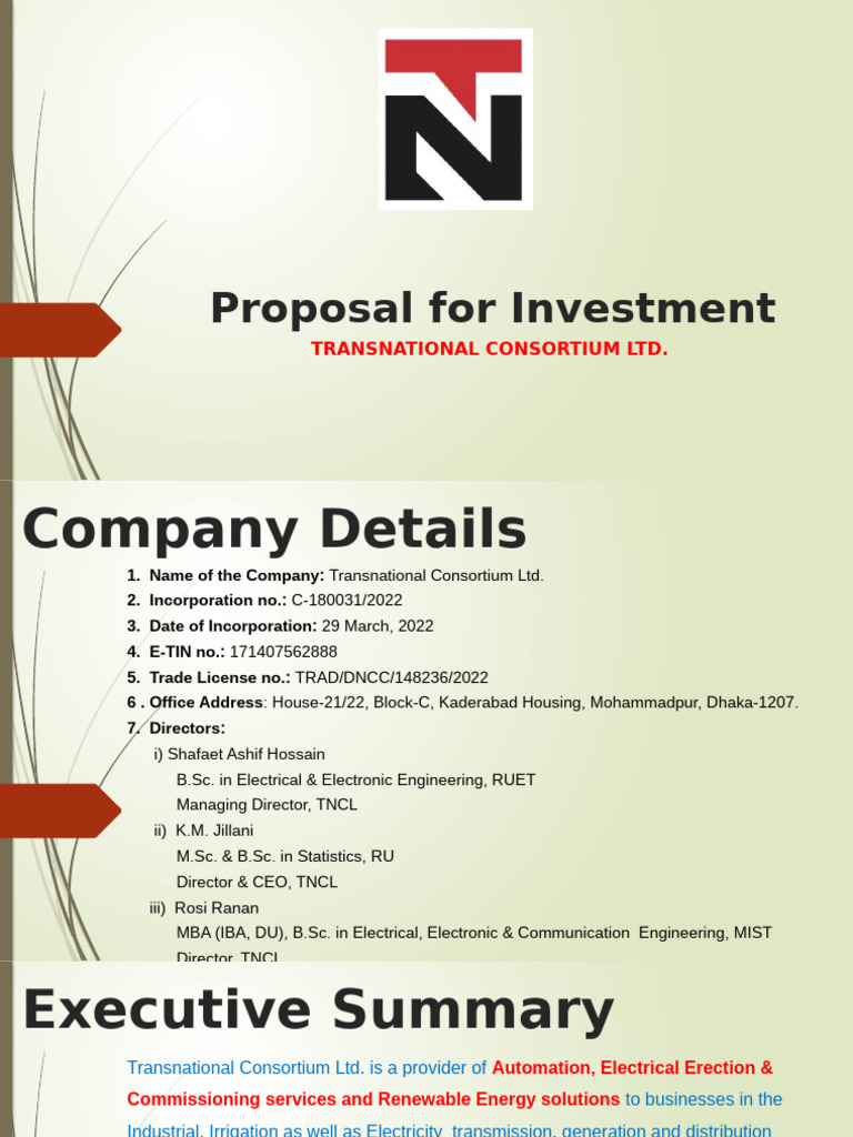 Proposal of Investment in TNCL For G2G Project | PDF | Electrical Substation | Solar Power