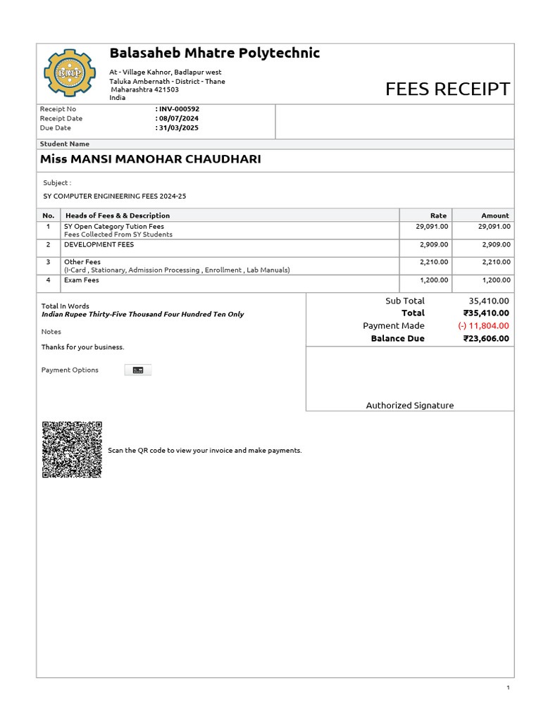 SY Computer Engineering Fees Receipt | PDF