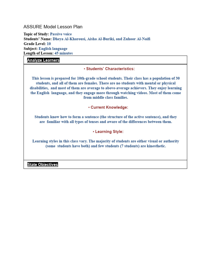 ASSURE Lesson Plan Template | PDF | Learning | Multiple Choice