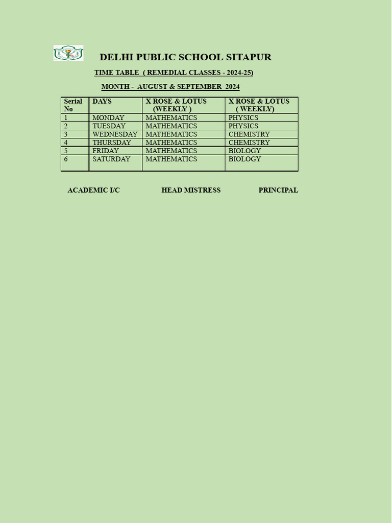 Time Table Remedial Classes X Rose & Lotus | PDF