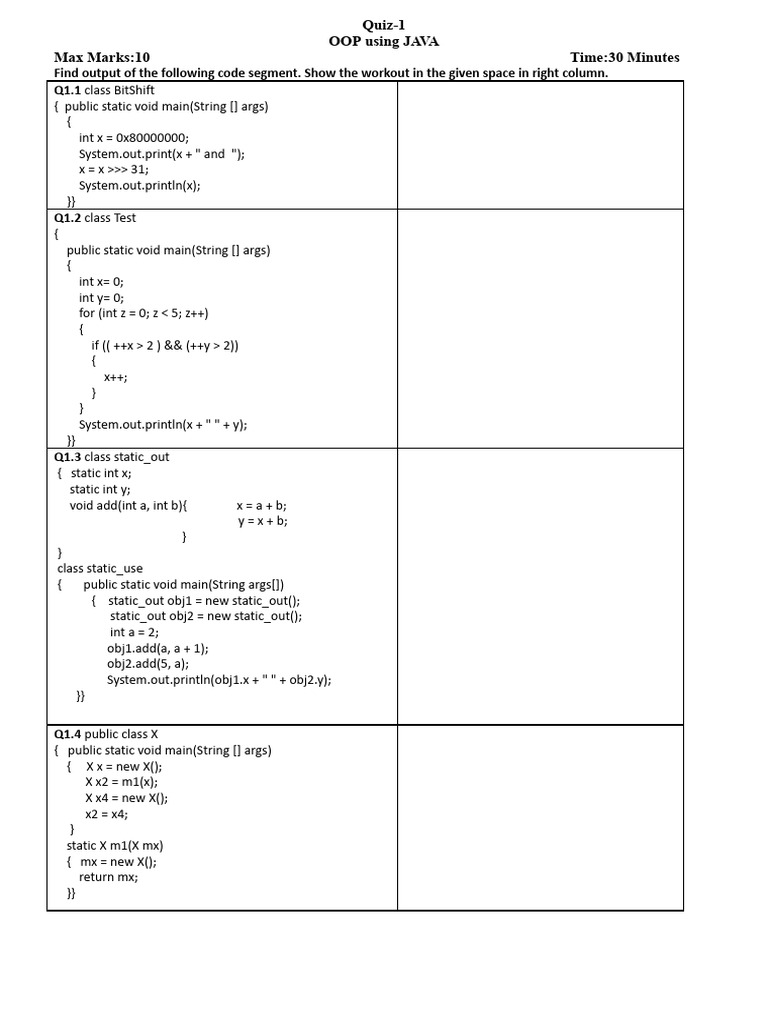 Java OOP Quiz with Code Questions | PDF | Method (Computer Programming) | Programming