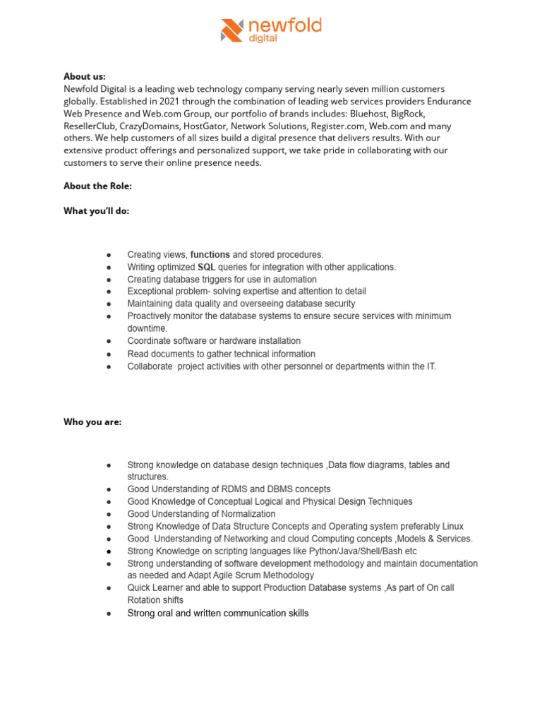 Newfold Digital Database Administrator Pdf Databases Computing