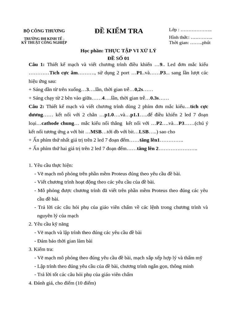 ĐỀ THI TT VI XỬ LÝ | PDF