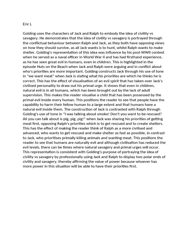 Lord of The Flies Chapter 3 - Huts On The Beach | PDF