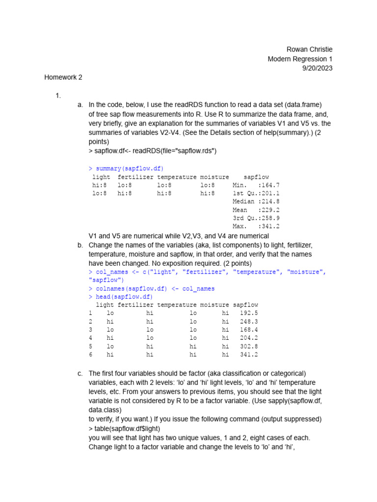 Modern Regression 1 Hw2 Pdf Coefficient Of Determination Errors And Residuals