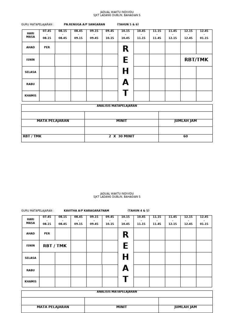 Jadual Waktu Persendirian RBT | PDF