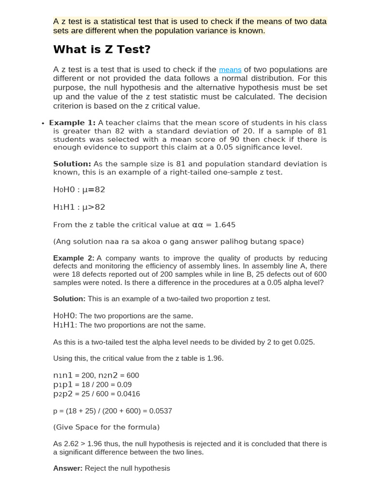 A Z Test Is A Statistical Test That Is Used To Check If The Means of ...