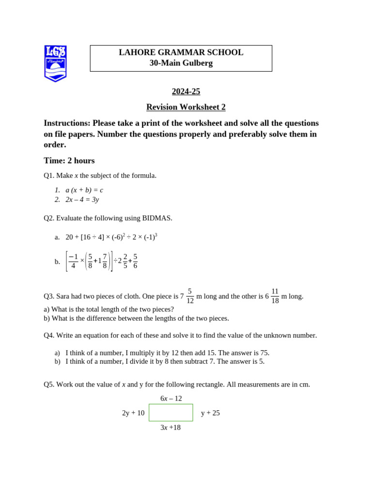 Grade 7 Maths Revision Worksheet 2 | PDF | Mathematics