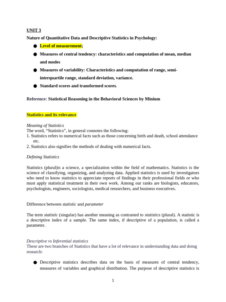 Unit 1 mean And SD | PDF | Standard Deviation | Level Of Measurement