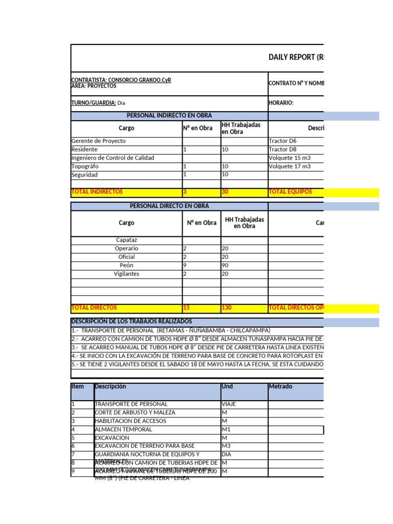 Formato Reporte Diario Actividades Excel | PDF