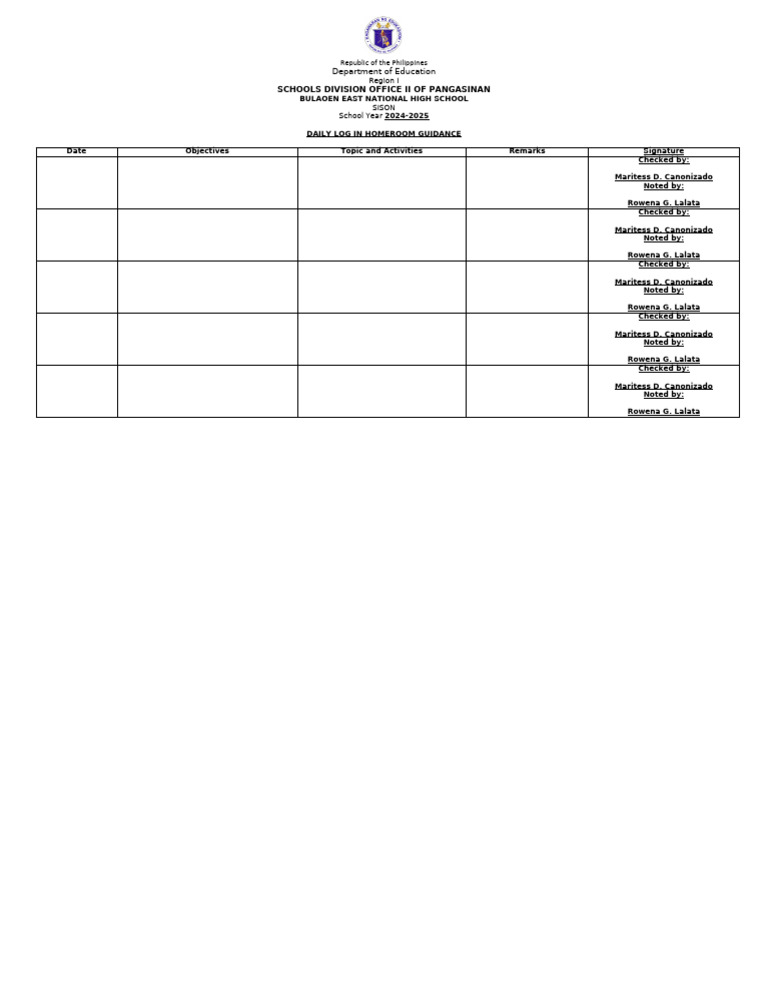 Daily Homeroom Guidance Log 2024-2025 | PDF