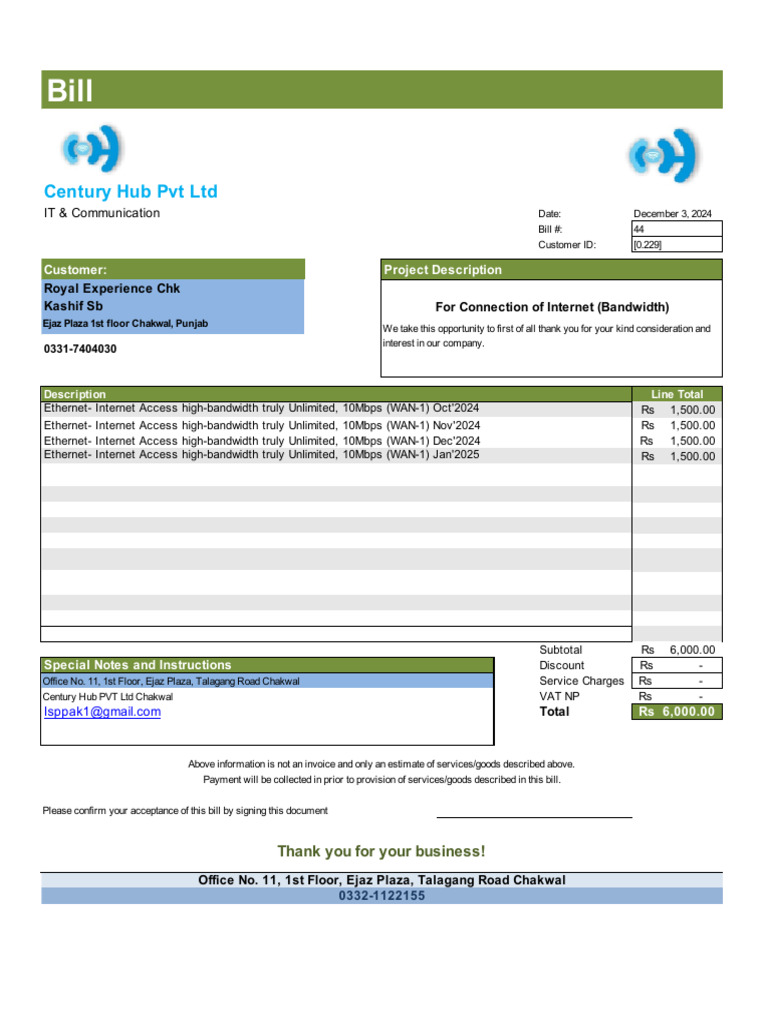 Internet Service Bill Estimate Dec 2024 | PDF