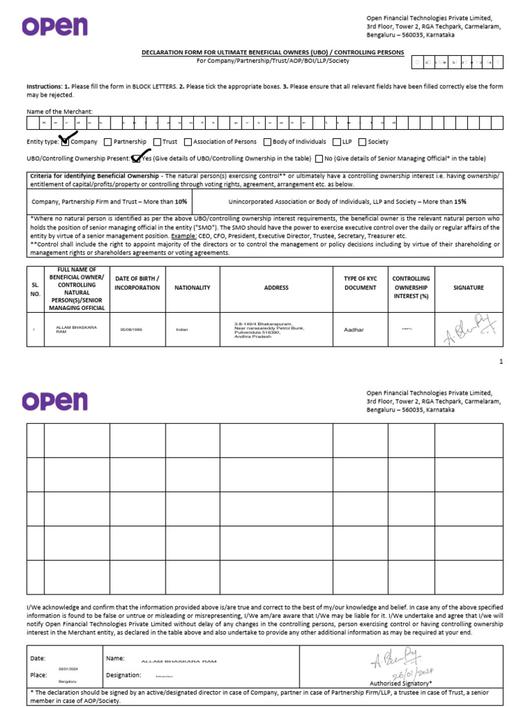 KYC UBO SMO Declaration Form | PDF | Ownership | Property Law