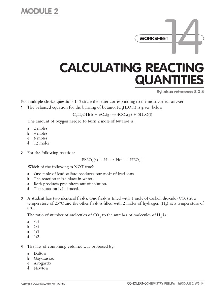 Worksheet - Calculating Reaction Quantities-1 | PDF | Chemical ...