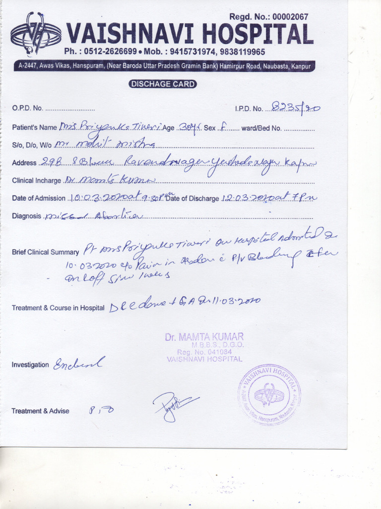 Discharge Card From The Hospital | PDF