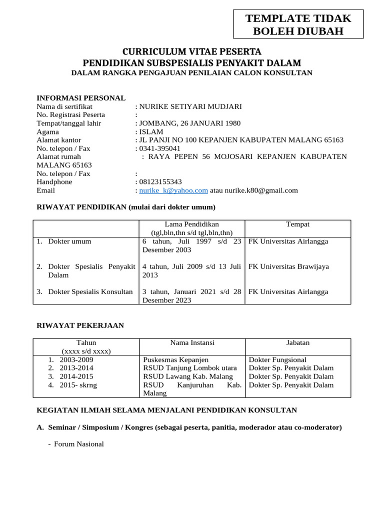 FORMAT CV dr. Nurike Setiyari Mudjari SpPD 2024 | PDF
