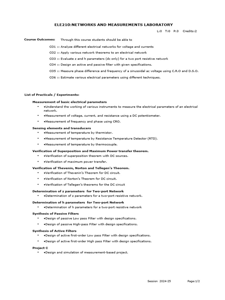 Electrical Networks Lab Course Overview | PDF | Electrical Network | Electrical Resistance And ...