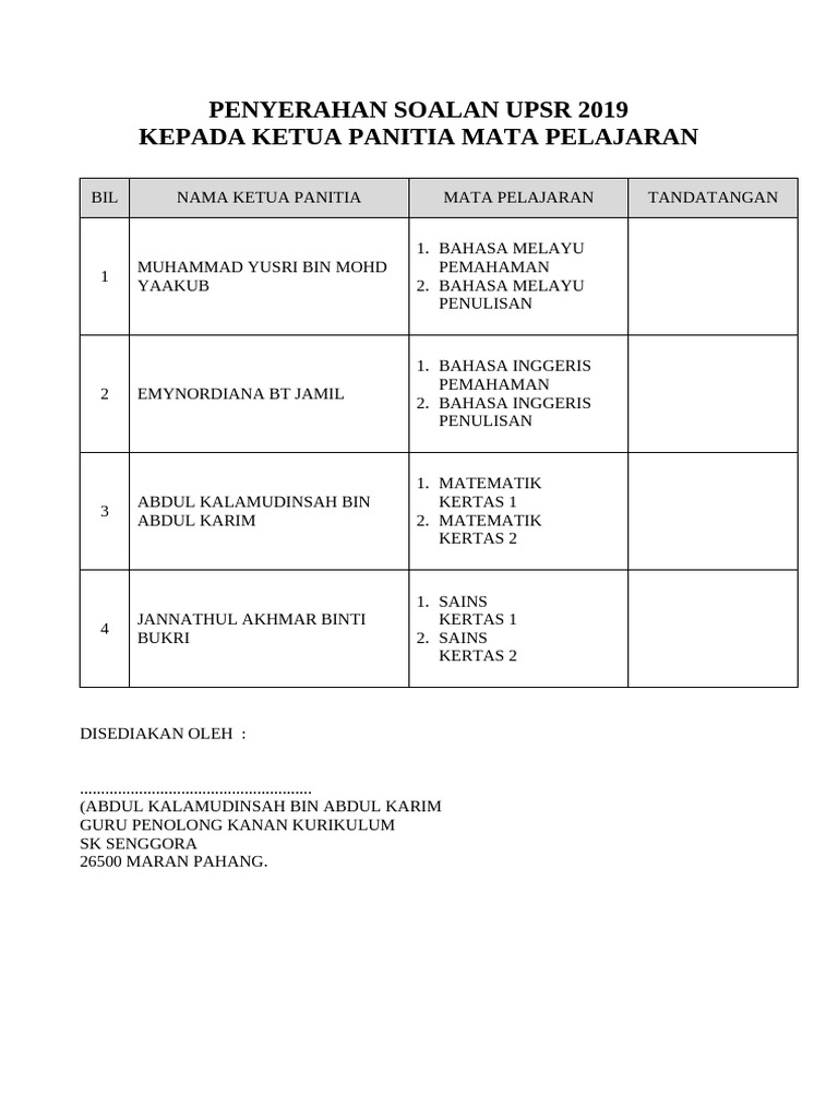 PENYERAHAN SOALAN UPSR 2019 | PDF