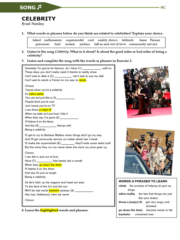4A. Unit 4. Session 2. Song Celebrity | PDF
