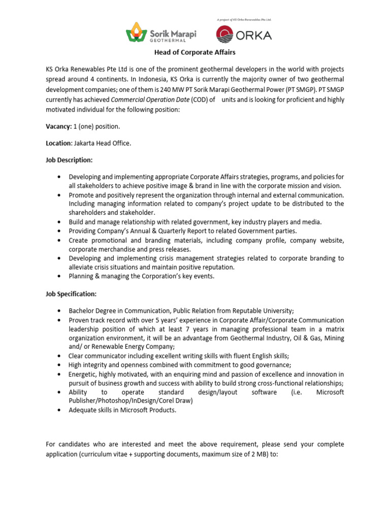 Head of Corporate Affairs Vacancy at KS Orka | PDF | Business | Economies