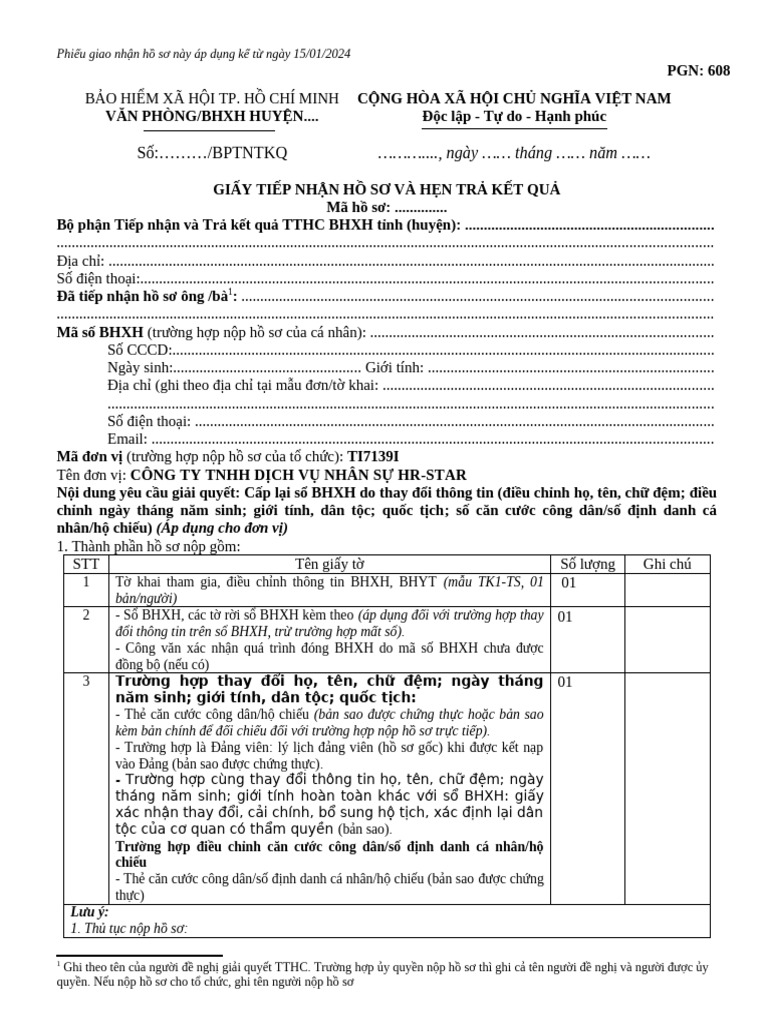 BT10. PGNHS 608 - cấp lại sổ do Điều chỉnh thông tin cá nhân người lao ...