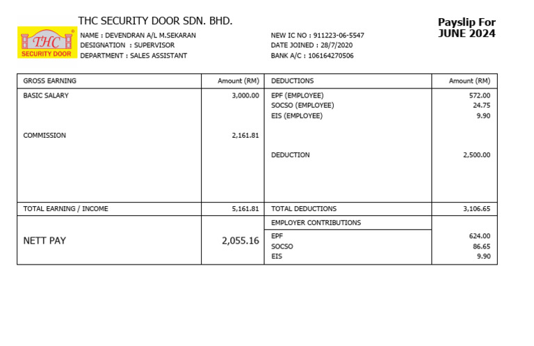 THC Security Door Sdn. BHD.: Payslip For JUNE 2024 | PDF