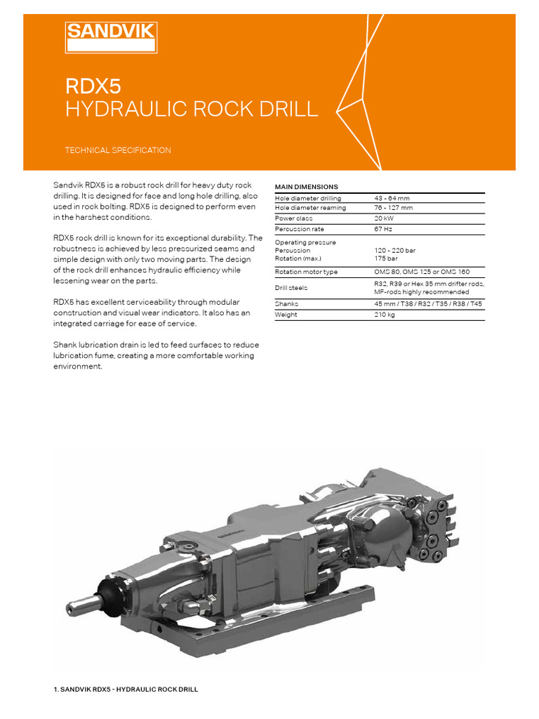 Sandvik RDX5 Hydraulic Rock Drill Specs | PDF | Drill | Drilling