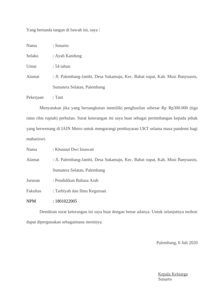 Surat Keterangan Penghasilan Ayah Mahasiswa | PDF