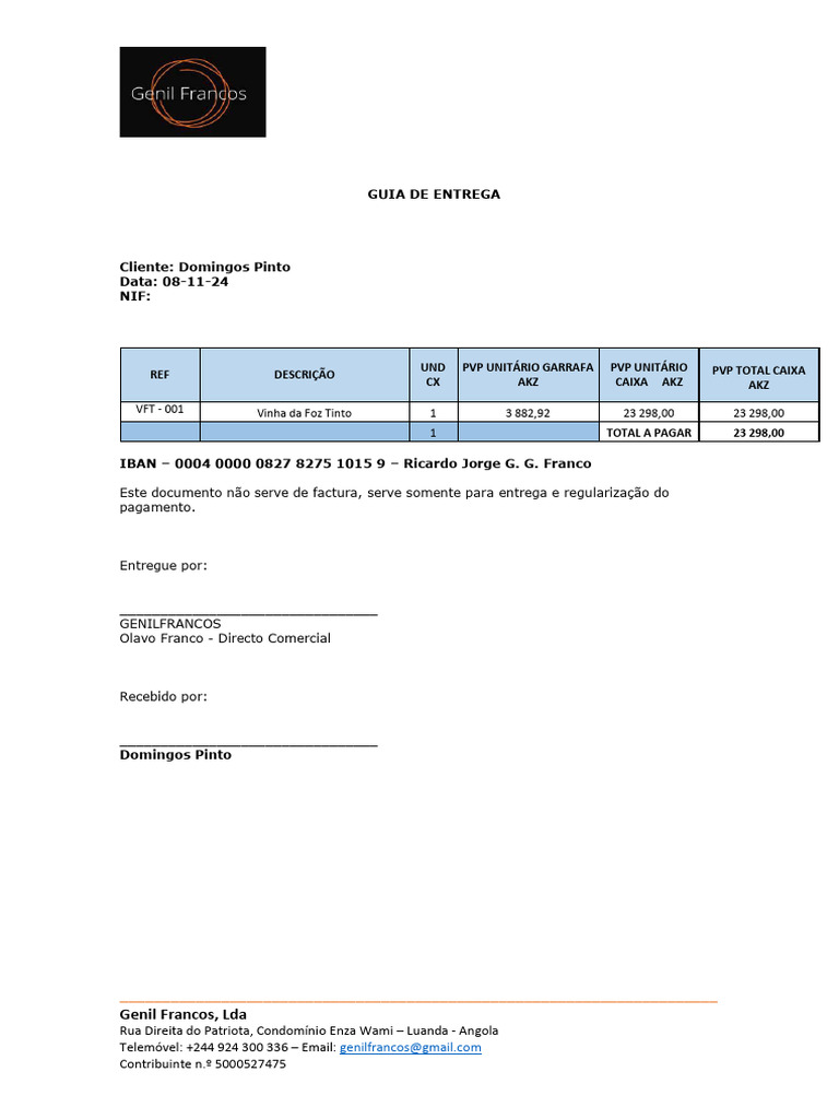 Guia de Entrega Cliente - Domingos Pinto 08-11-2024 | PDF