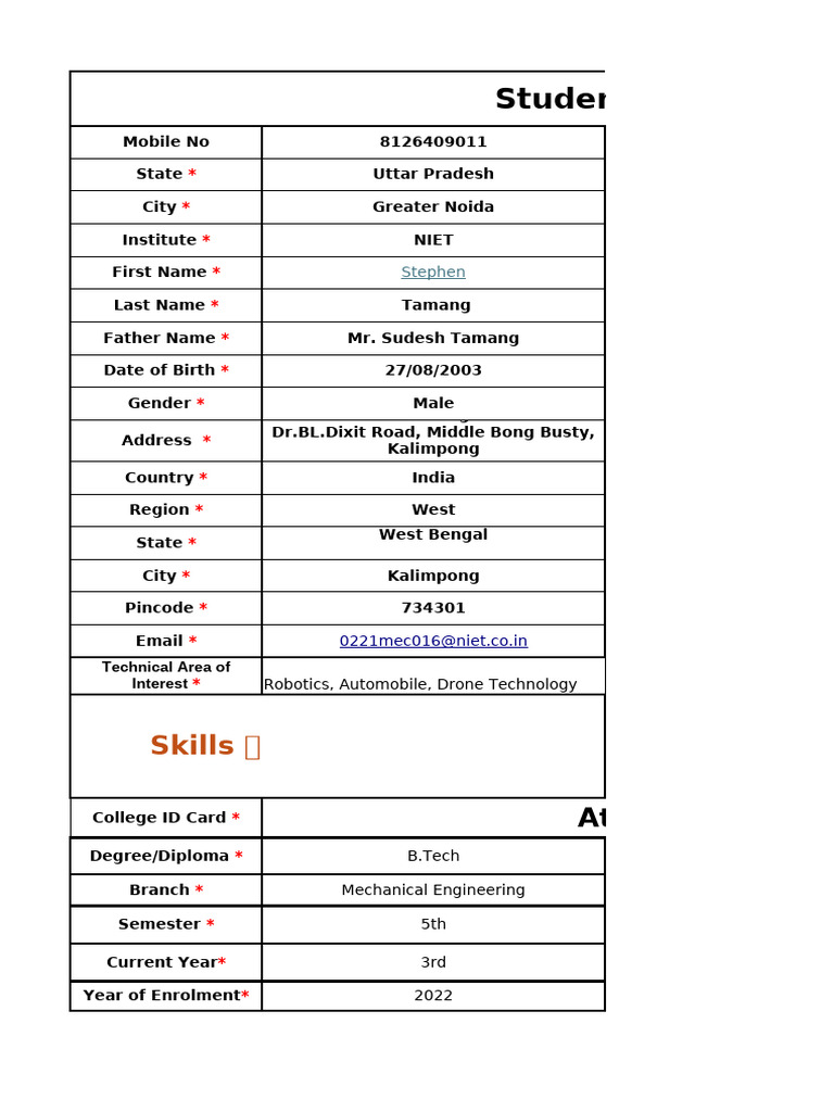 Stephen Tamang Student Membership Form | PDF