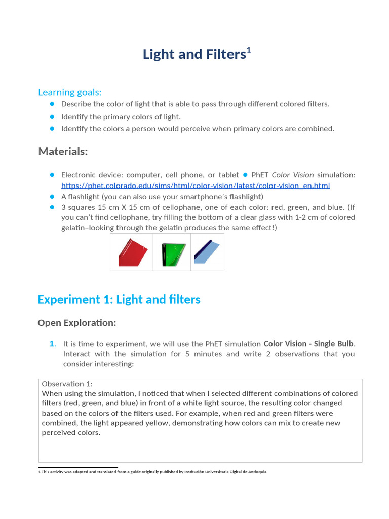 Activity-sheet_-Light-and-Filters | PDF | Color | Optical Filter