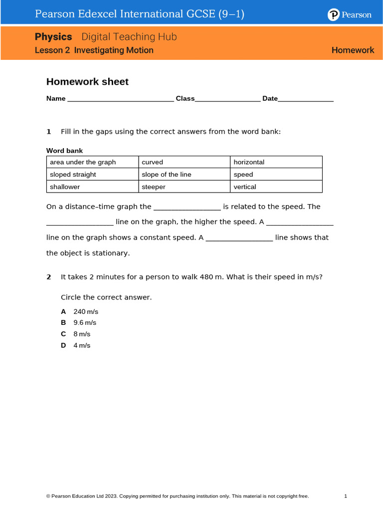 IG Physics Lesson2 Homework | PDF | Speed